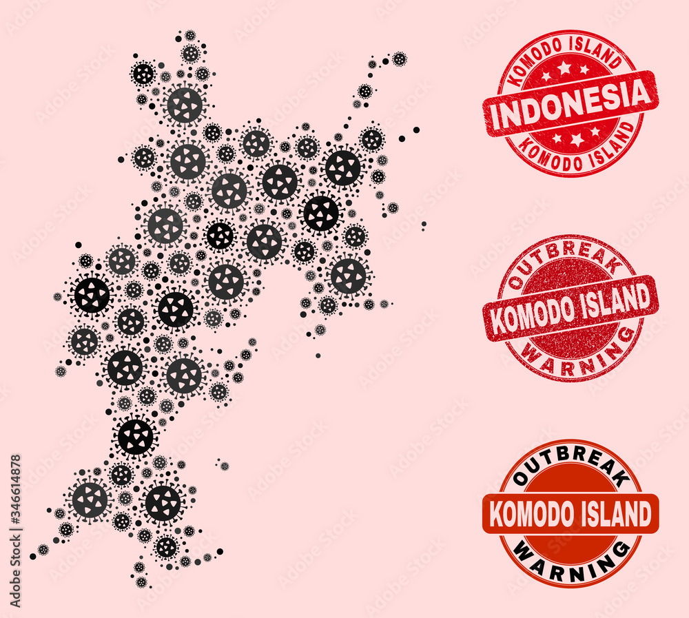 Outbreak combination of virus mosaic Komodo Island map and rubber seals ...