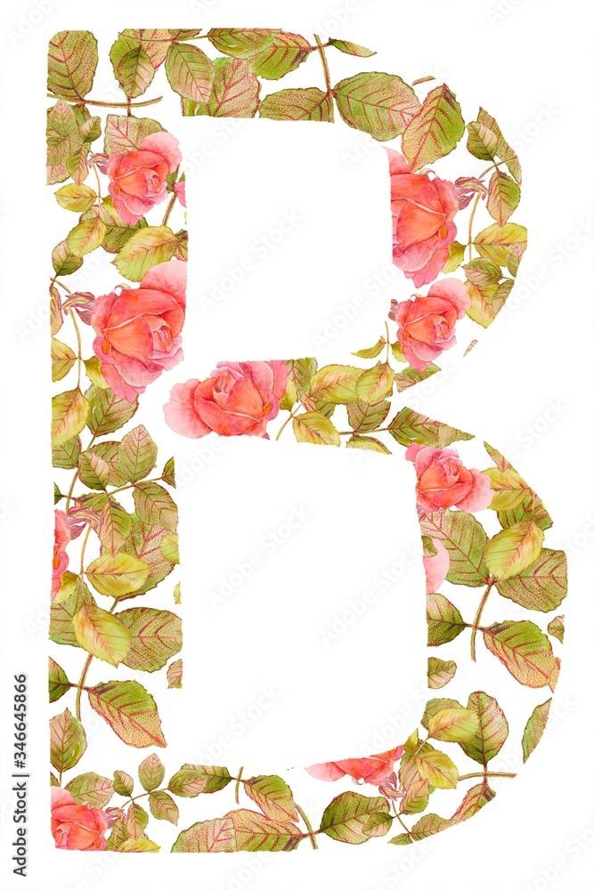 Watercolor floral alphabet - letter B with a composition of vintage tea ...
