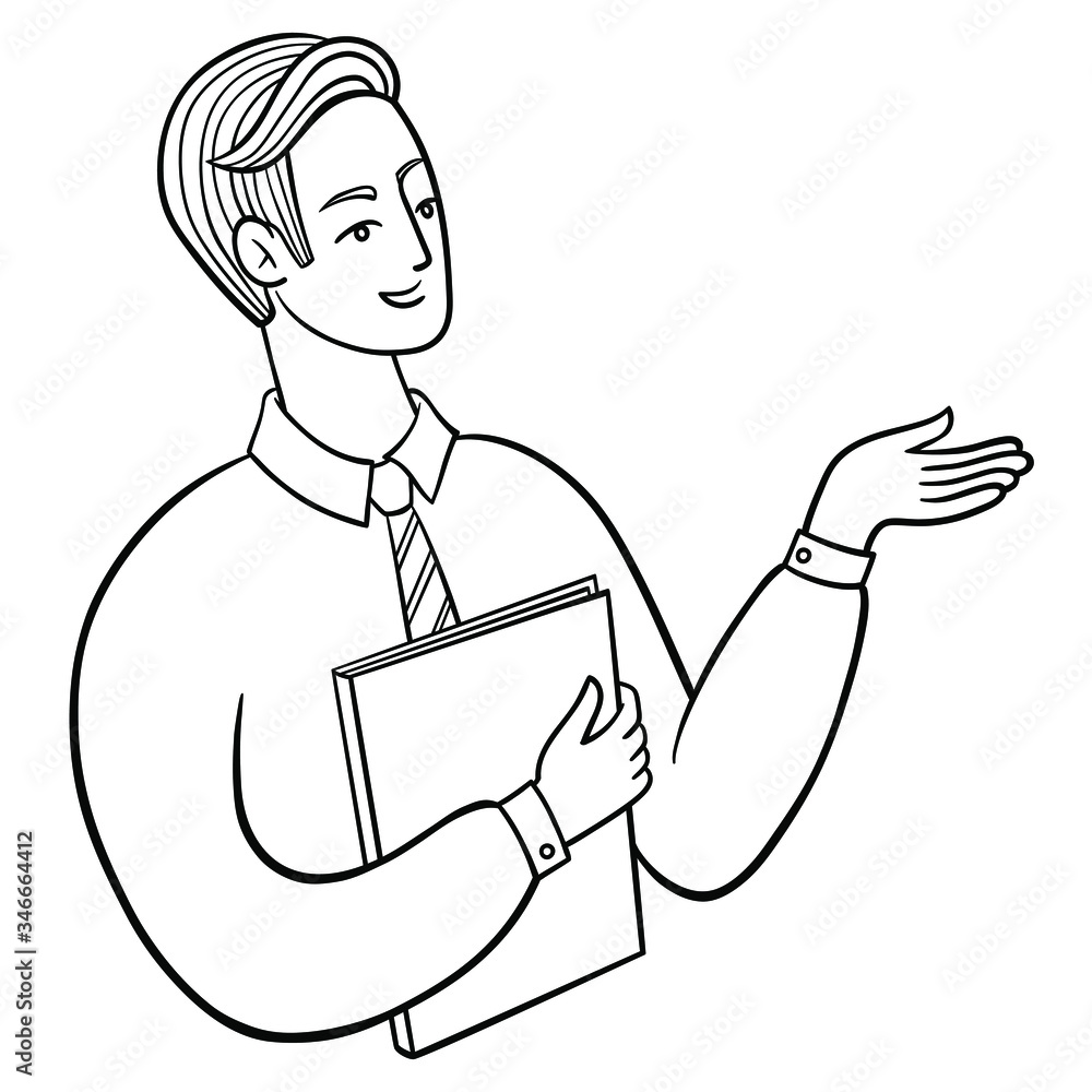 Male office worker in a shirt and tie holds document file. Vector ...