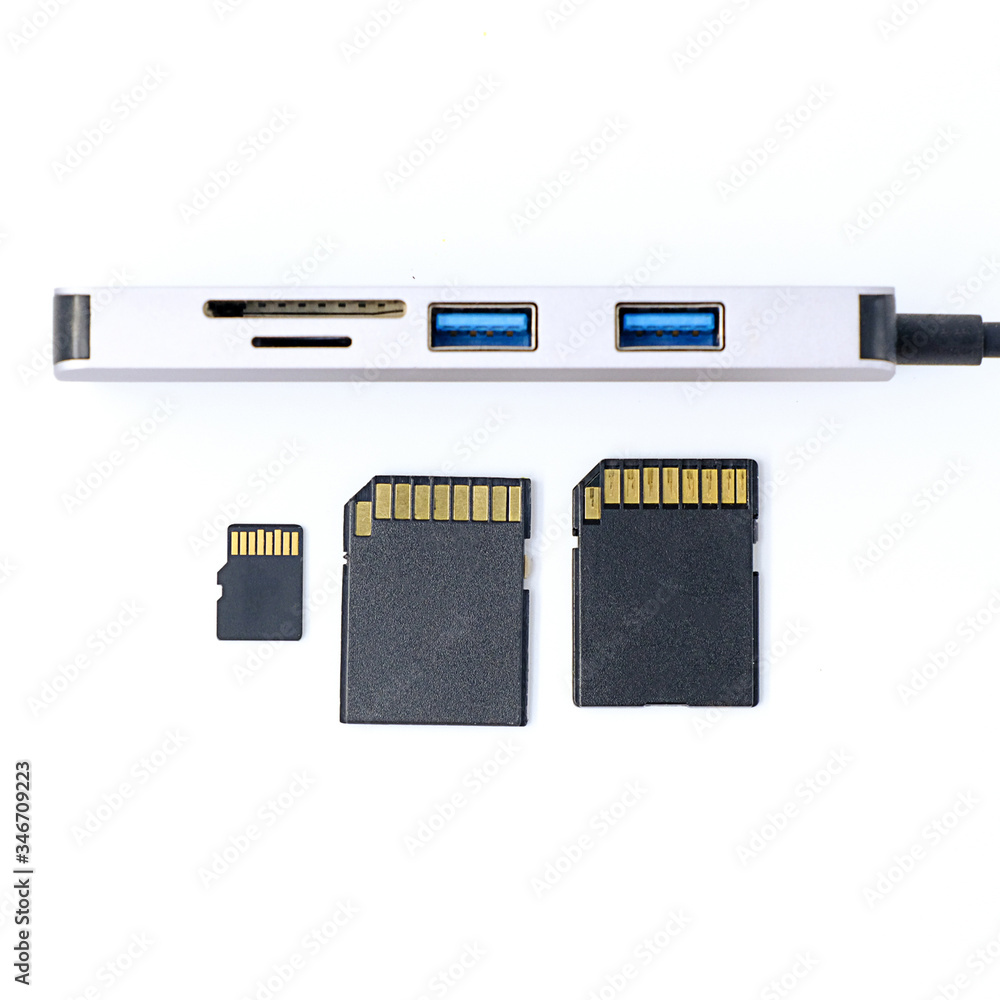 USB hub, SD and micro sd memory card isolated on white background, for ...