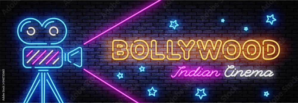 Bollywood indian cinema Neon sign Vector. Movie neon banner, design ...