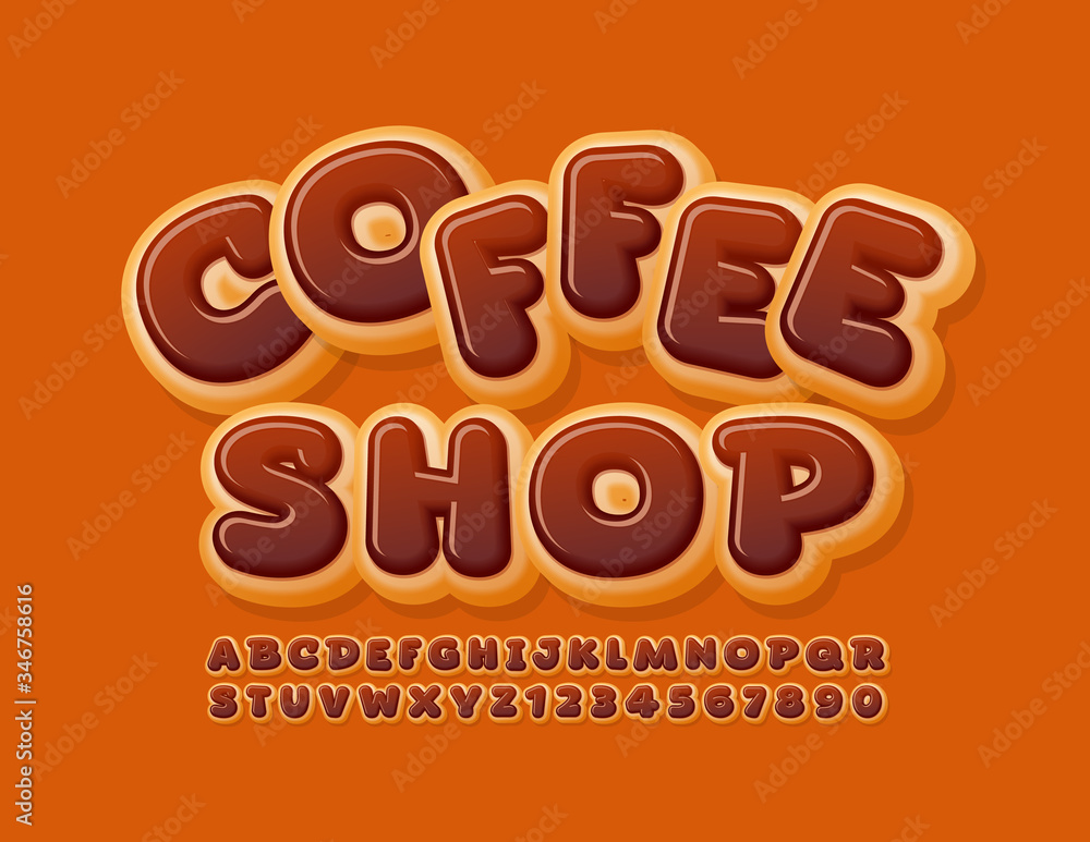 Vector happy logo Coffee Shop with Chocolate Glazed Font. Donut ...