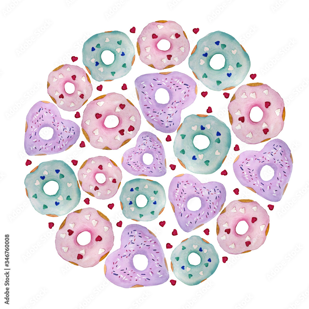 hand drawn watercolor round circle frame sweet tasty baked pastry ...