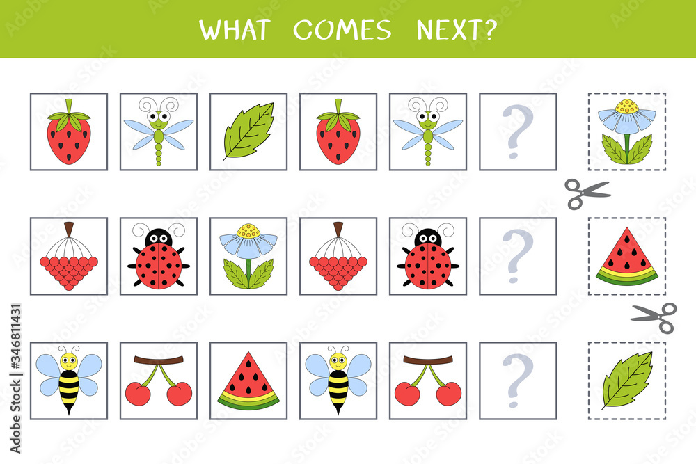 Simple logic game for kids. Find the next object in the row. Cut and ...