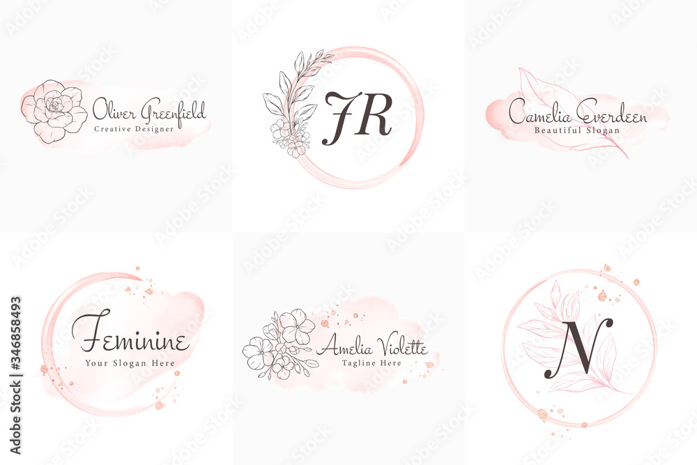 Feminine logos collection, hand drawn modern minimalistic and floral ...
