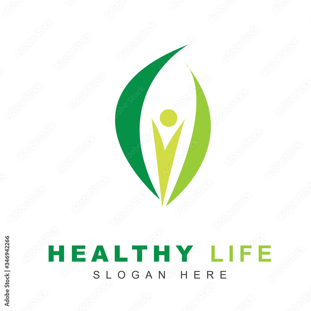 Health logo template. Human character sign with natural green leaf ...