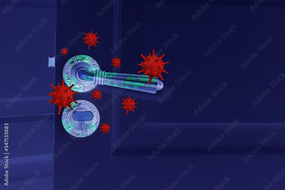 Virus molecules under UV light on door handle. Avoid touching objects ...