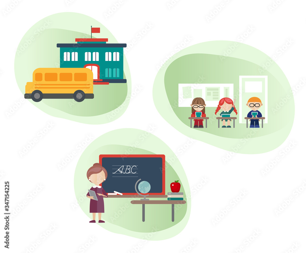 Vector illustrations of isolated school building, school bus, teacher ...