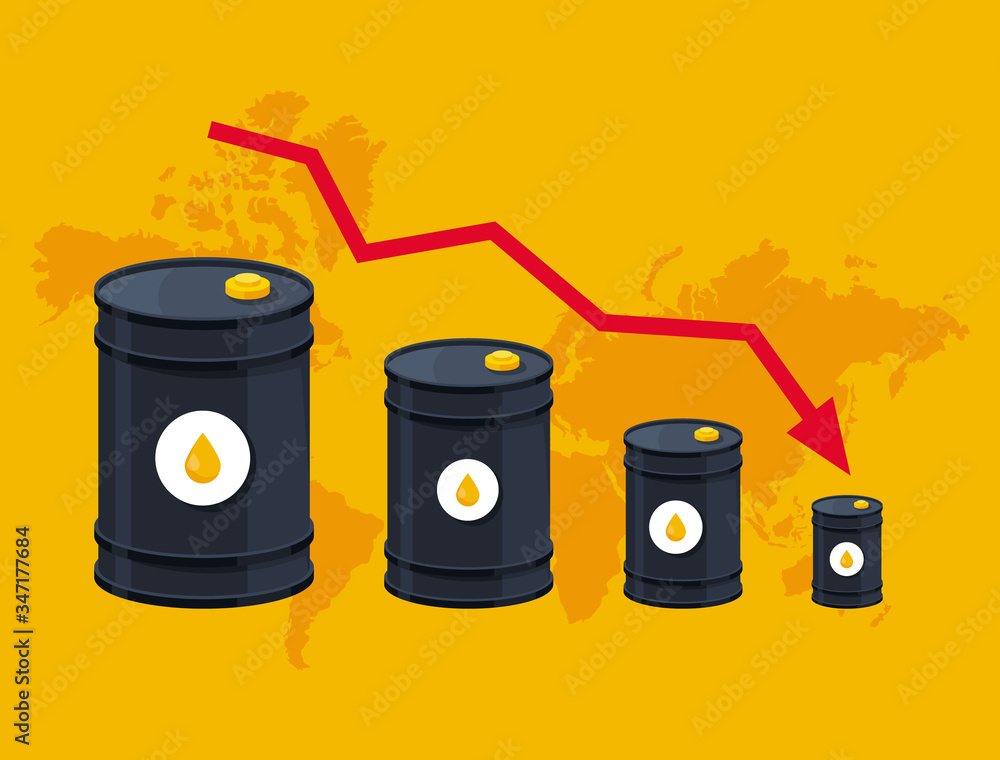 Oil price drop. Falling barrels. illustration of oil companies crisis vector. Petroleum industry ...