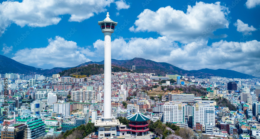 Aerial view busan city skyline and skyscraper with busan tower ...