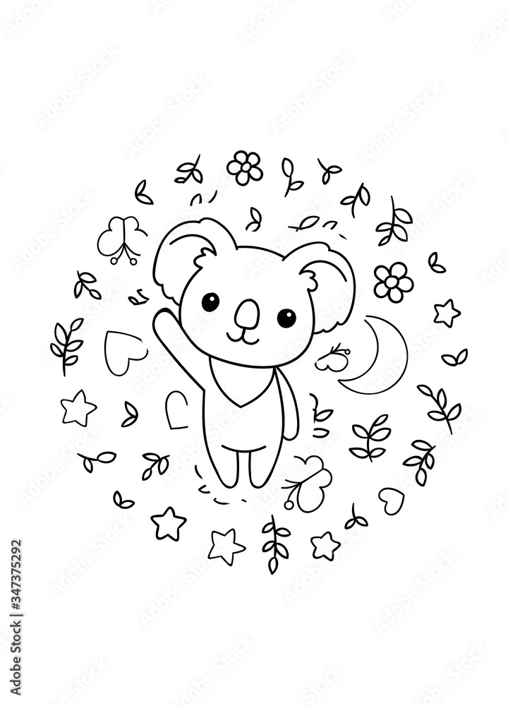 Coloring pages, black and white cute kawaii hand drawn koala doodles ...
