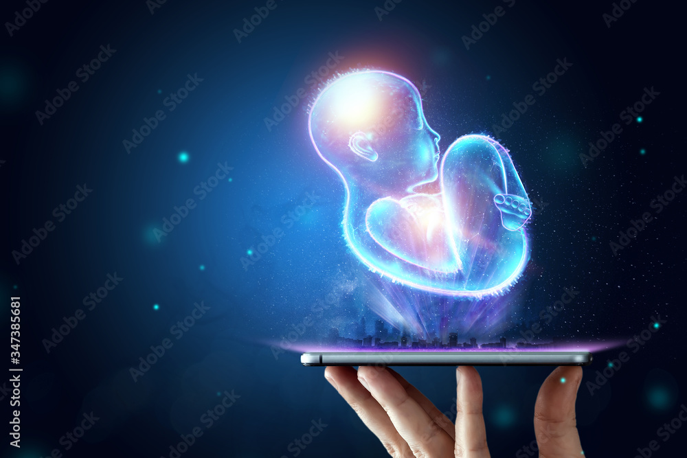 Infant, a child in a fetal position, an embryo, a hologram on a dark ...