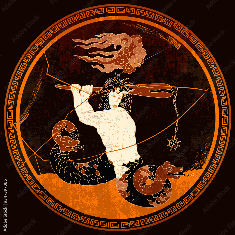 Greek vase painting concept. Medusa Gorgon. Meander circle style. Red ...