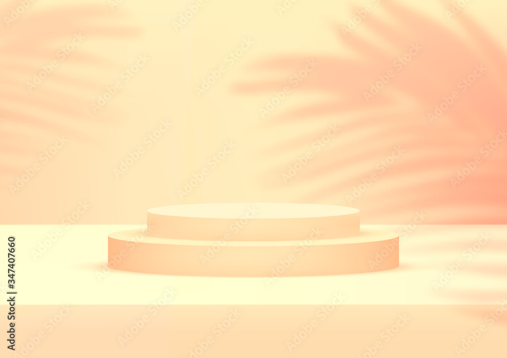 Empty podium studio orange background with palm leaves for product ...