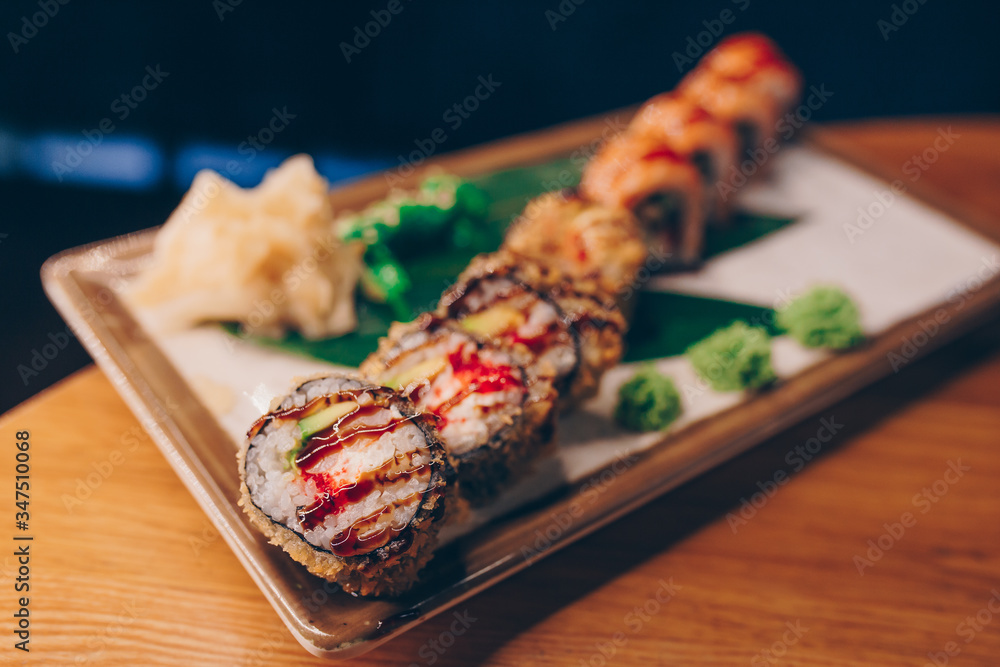 Large set of Sushi Rolls Warm Ebi Sake Unagi Spring. A lot assortment ...