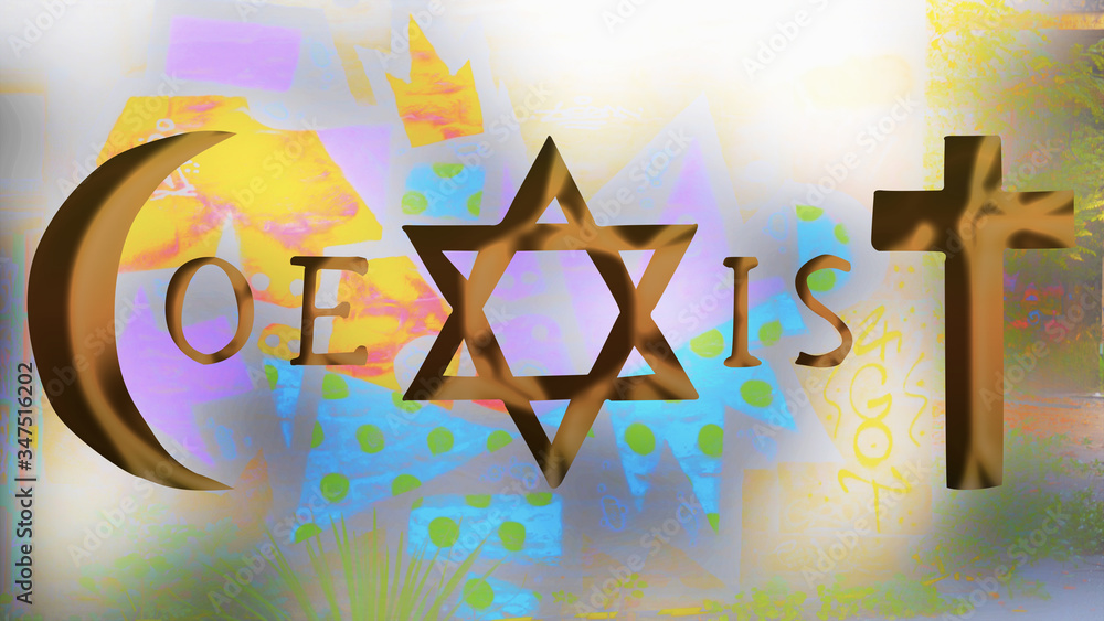 Ilustración de Stock Le symbole de Coexiste en relief sur un fond flashy | Adobe Stock