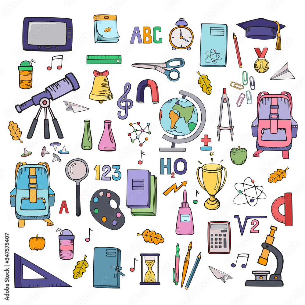 School supplies icon set. Vector colorful illustration. Hand drawings ...