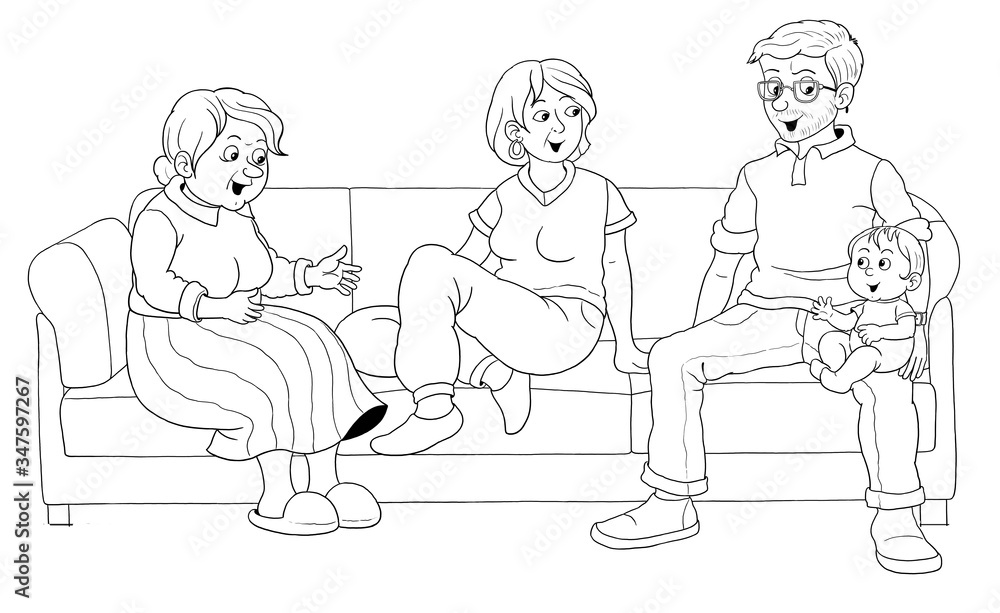 Happy family at home. Coloring page. Illustration for children. Cute ...