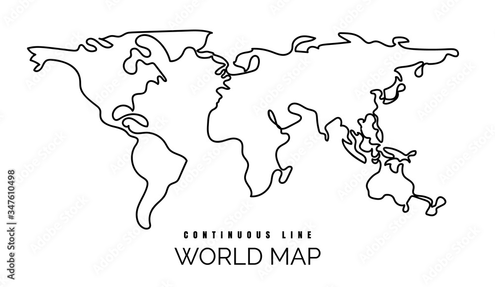 Continuous line world map illustration, one line earth contour Stock ...