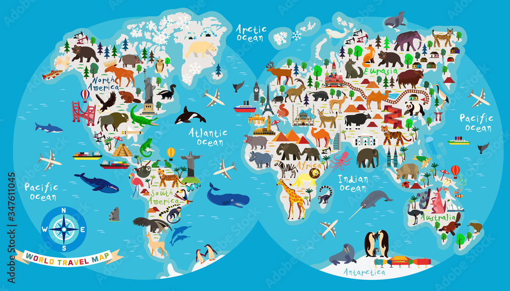 Animal Map of the World for Children and Kids. Stock Vector | Adobe Stock