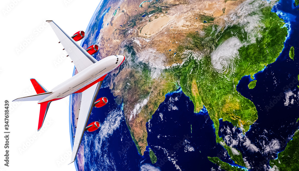 Central and East Asia continent map with airplane or airliner in flight ...