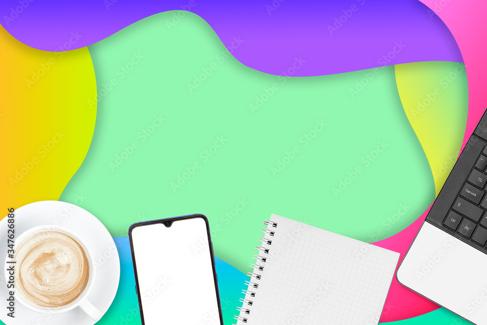 Work at home. Top view office desk table with Smart phone, Chart ...