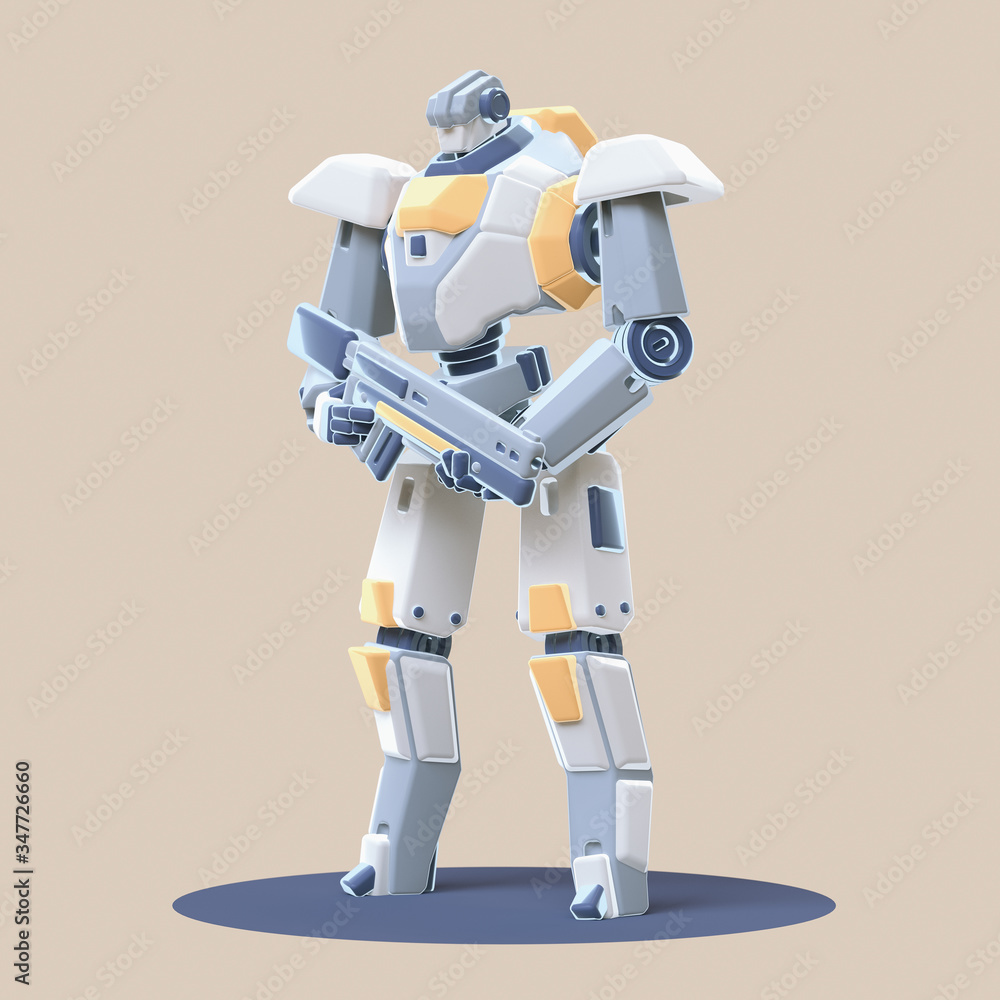 Sci-fi mech soldier toy standing with gun in his hands on light beige ...