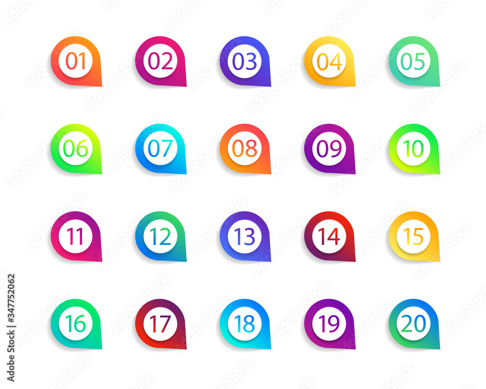 Bullet numbers. Infographic buttons and points. Icon with numbers from 1 to 20. 3d arrows and ...