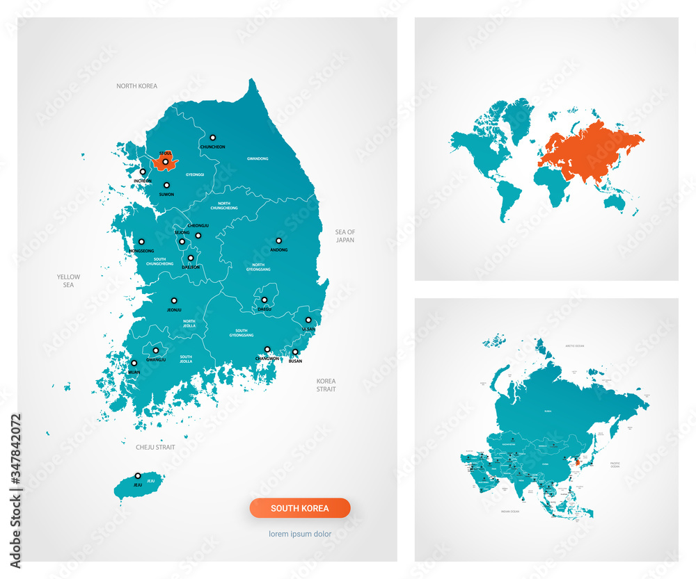 Editable template of map of South Korea with marks. South Korea on ...