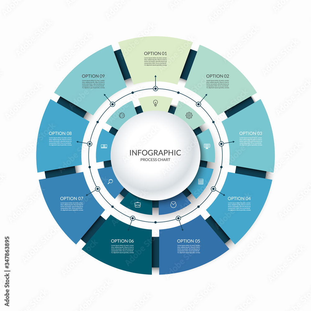 Infographic circular chart divided into 9 parts. Step-by step cycle ...