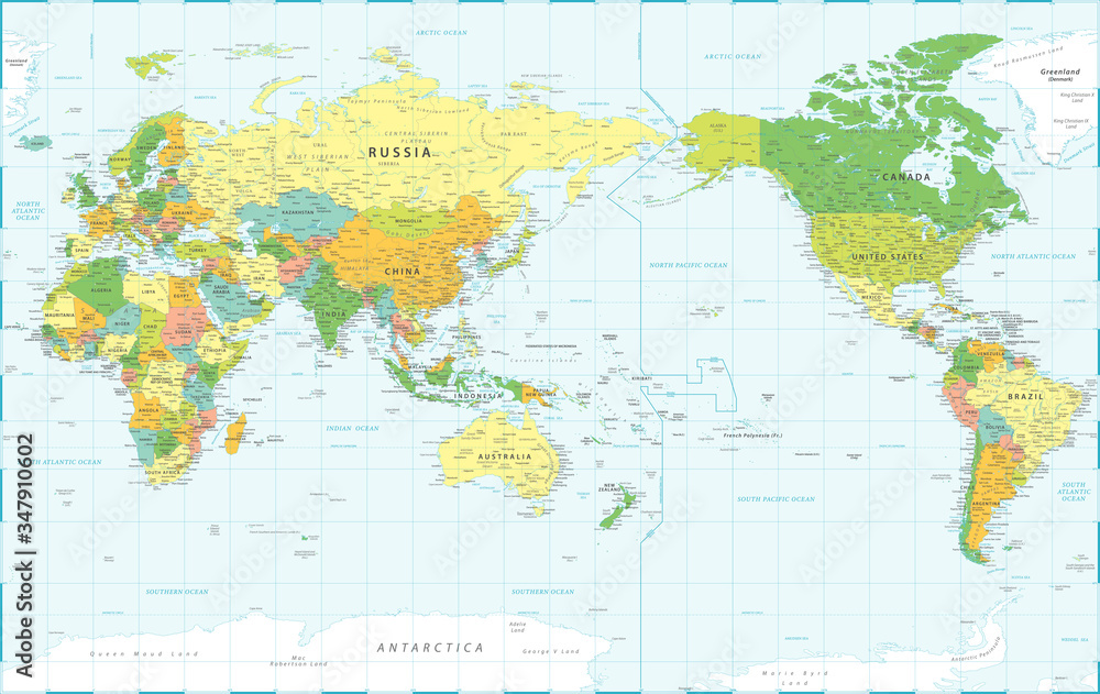World Map - Pacific View - Asia China Center - Political Topographic ...