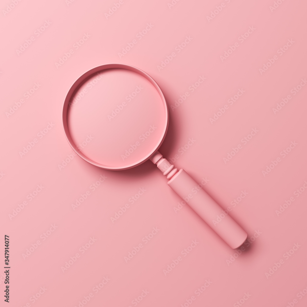 3d pink Magnifying glass isolated on pink pastel color background with ...