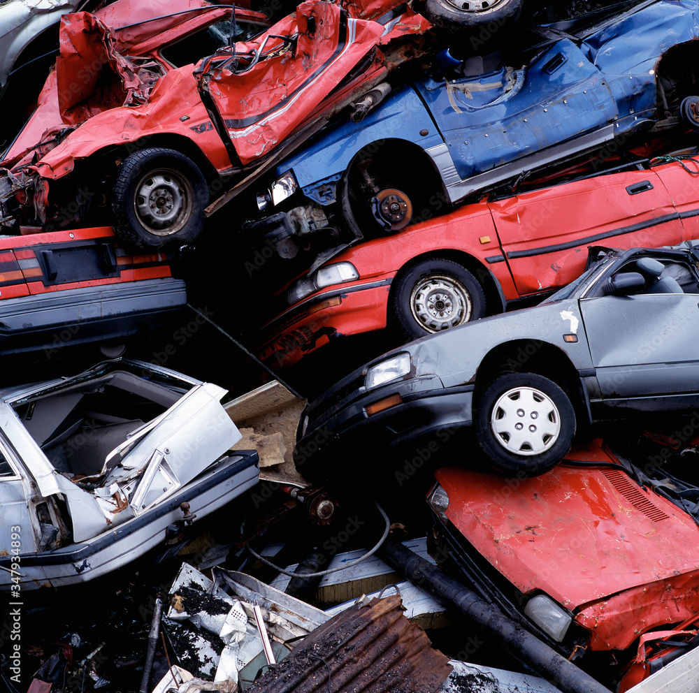 pile of wrecked cars at a junk yard in Reykjavik / Iceland Stock Photo ...