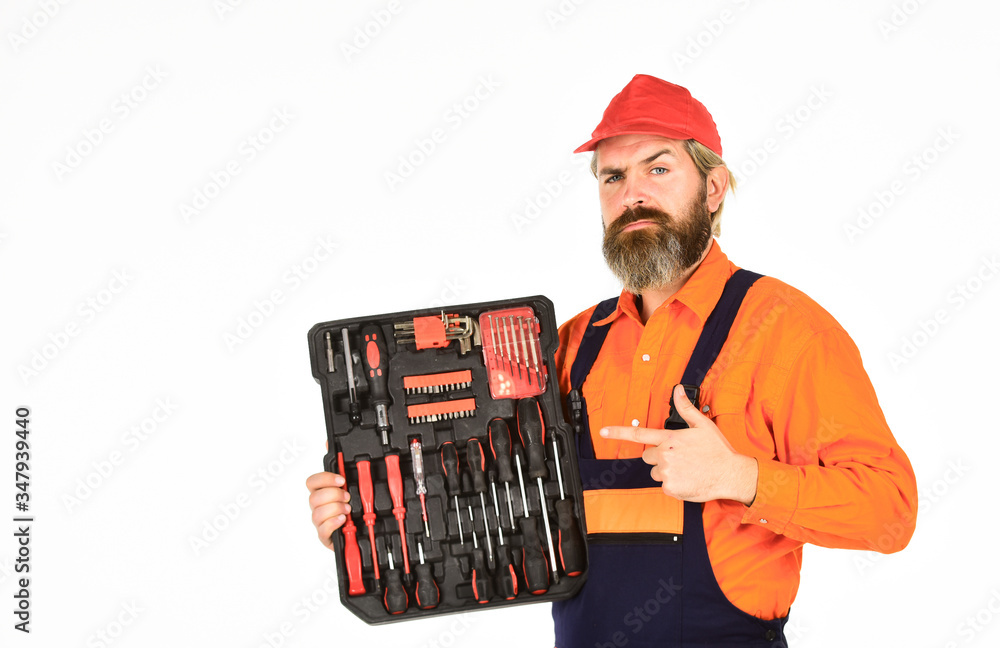 Custom Woodworkers. Set of tools. Screwdrivers set. Man carries toolbox ...