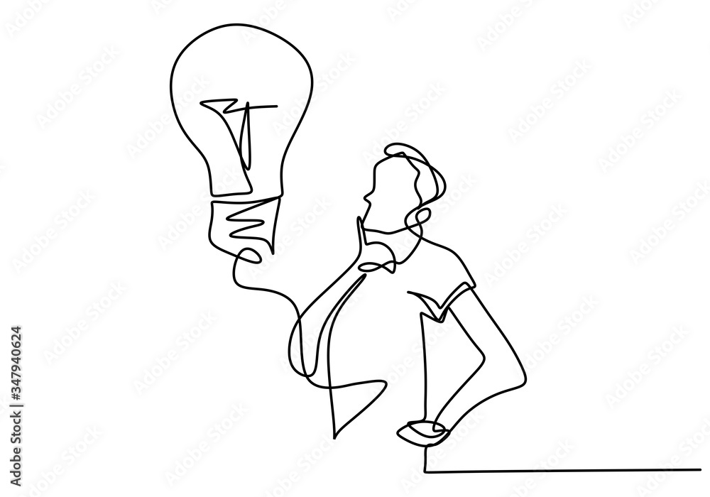 Continuous one line drawing idea and creativity symbol with lamp and ...