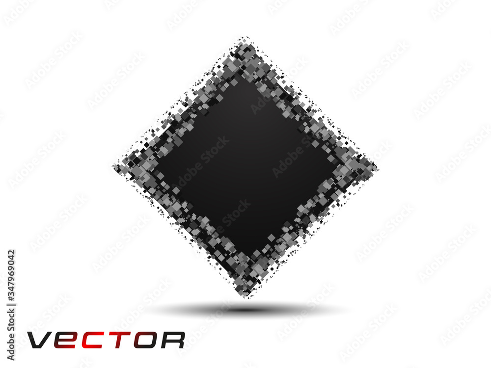 Abstract black square, text frame with small pixels and 3D particles ...