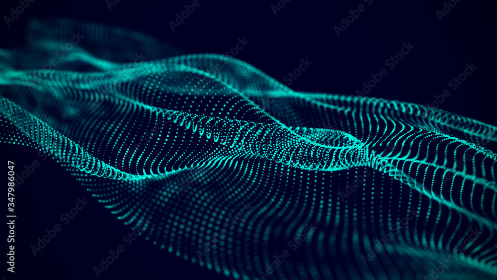 Ilustración de Stock Dynamic particles wave. Blue dots on black background. Digital landscape ...