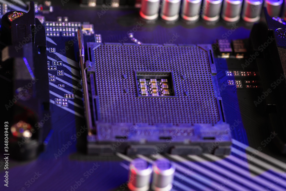 Socket am4. Close up of the AM4 socket for the motherboard with neon ...