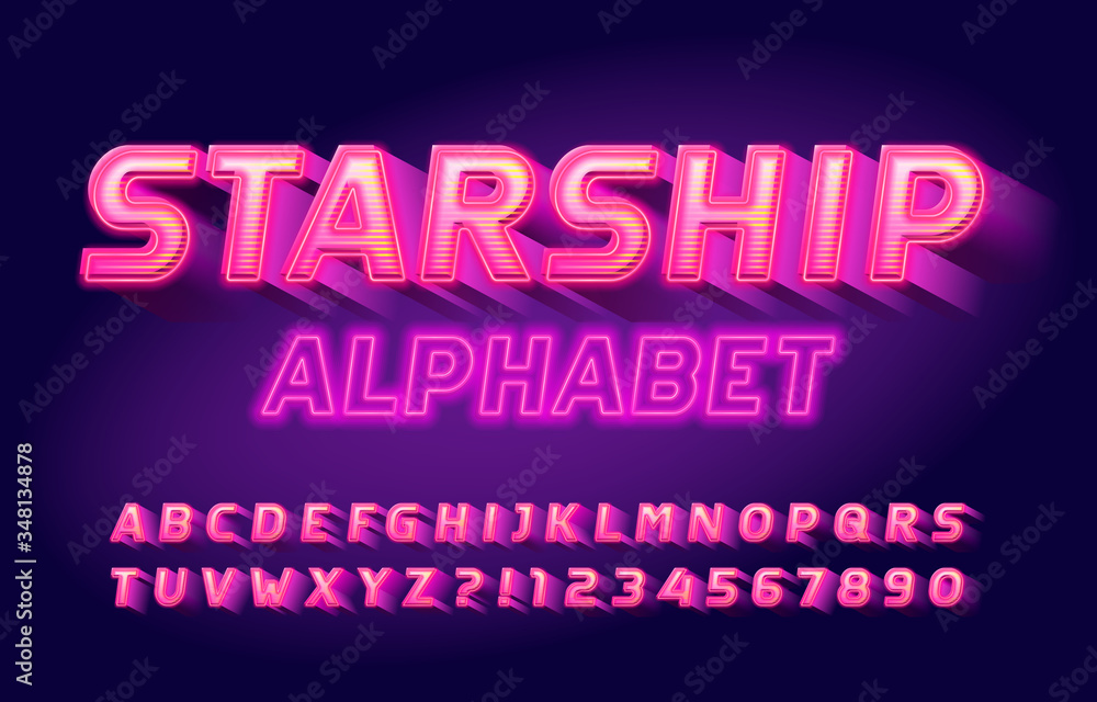 Starship alphabet font. Neon letters, numbers and symbols with motion ...