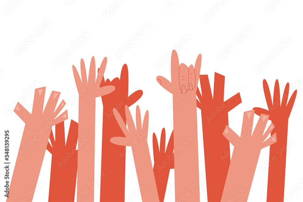 Raised hands up vector cartoon illustration isolated on a white ...