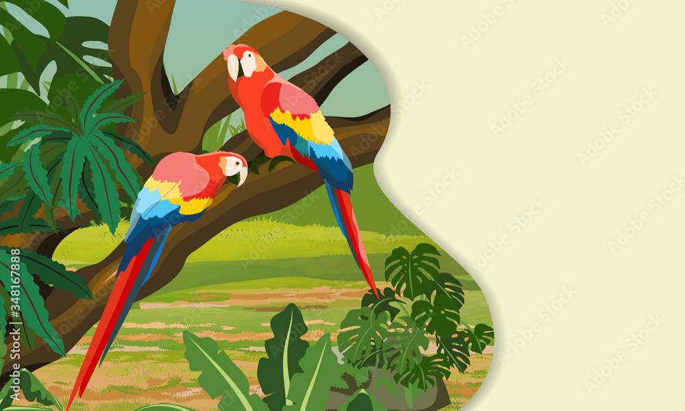 Landing page template with multi-level shadows. A pair of macaw parrot lovers sitting on a liana ...