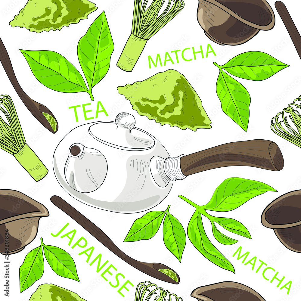 Seamless pattern of Japanese matcha powder, wooden spoon and whisk ...