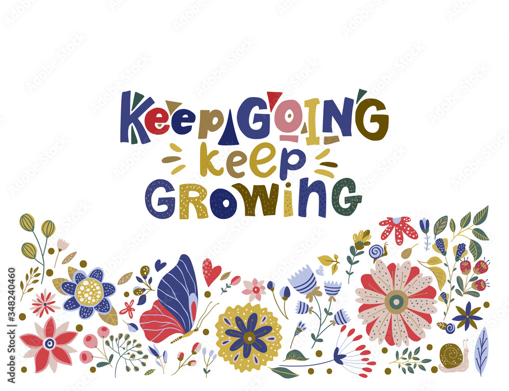 Floral color vector lettering card in a flat style. Ornate flower ...