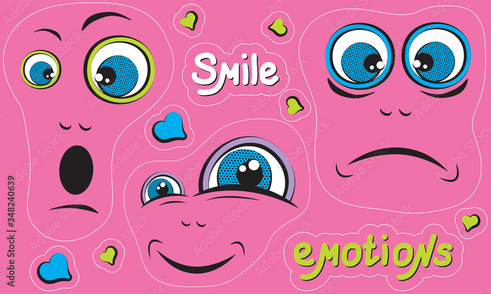 Stickers with funny faces emoji with facial expressions. Handwritten ...