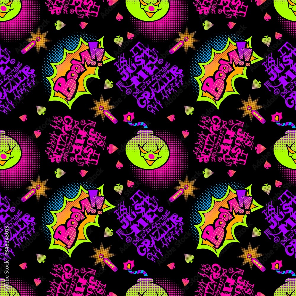 Joker and dynamite boom doodle illustration with typography seamless ...