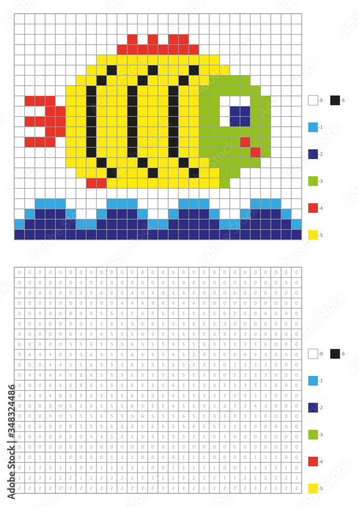 Kids coloring page, pixel coloring cartoon fish. Vector illustration ...