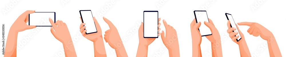 Human hands using and holding smartphone. Vector flat cartoon ...