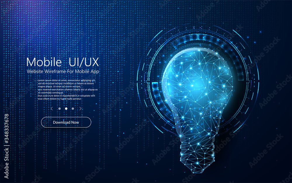 Falling random numbers. Light bulb from lines and triangles, point ...