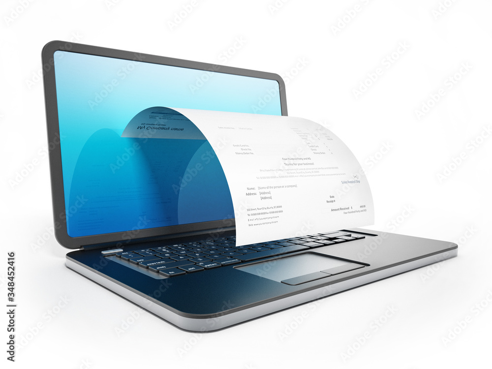 Fictitious payment receipt coming out of laptop screen. 3D illustration ...