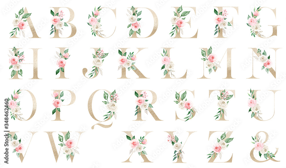 Floral gold alphabet, letters with watercolor flowers and leaves ...